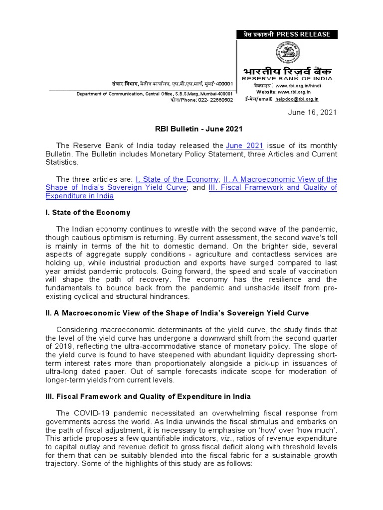 RBI Bulletin June 2021 | PDF | Government Budget Balance | Reserve Bank ...