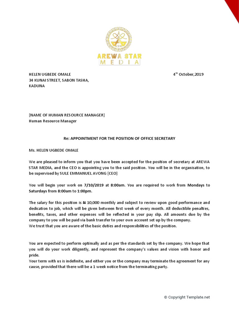Simple Appointment Letter For Employee | PDF