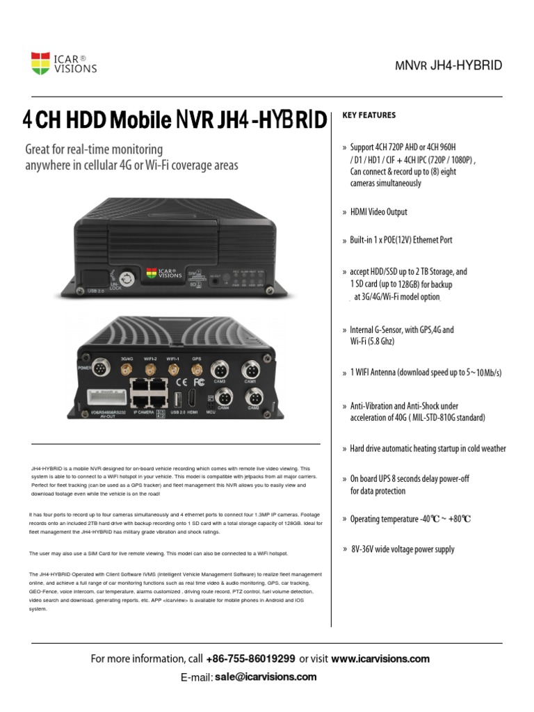4CH HDD Mobile NVR JH4-HYBRID Spec Sheet | PDF | Wi Fi | Video