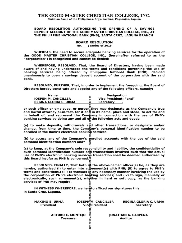 Board Resolution To Open Bank Account | PDF | Banks | Financial Services