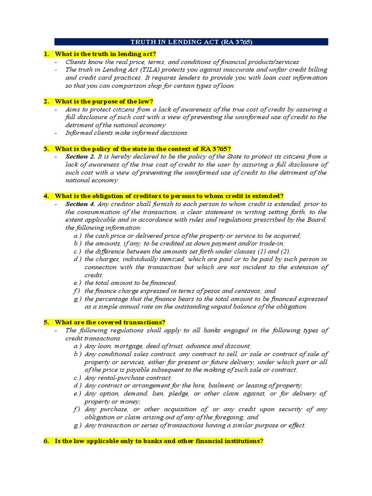 Module 2 Tila & Amla | PDF | Truth In Lending Act | Securities (Finance)