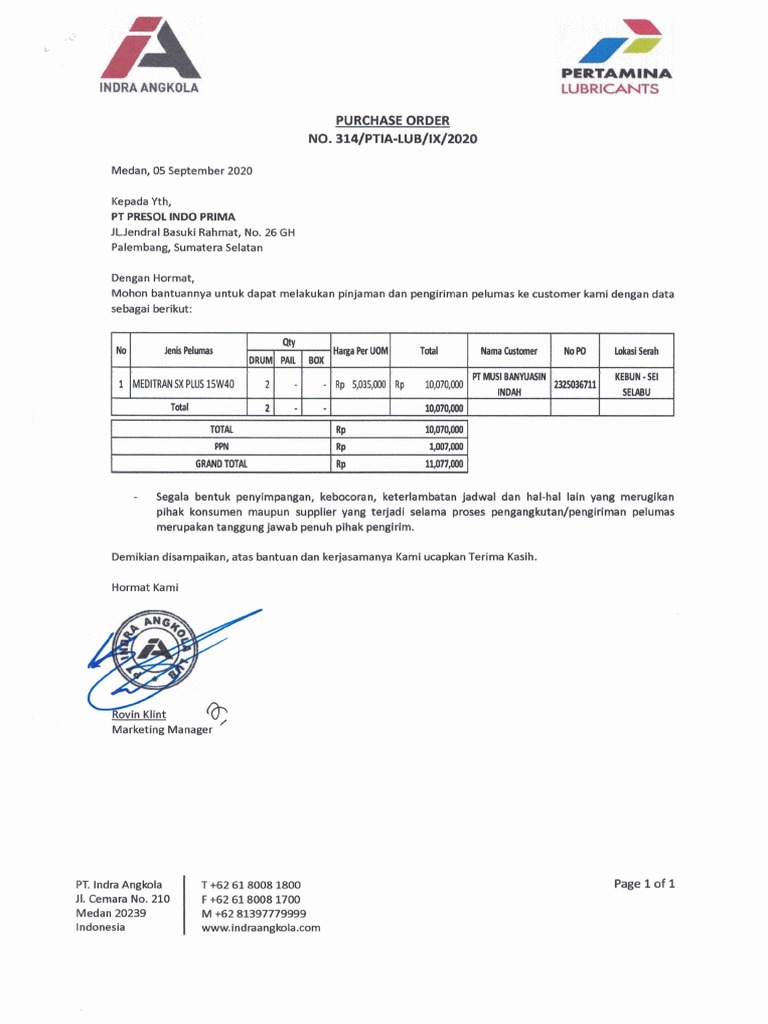 Po PT Ial - PT Presol (PT Musi Banyuasin Indah & Tania Selatan ...