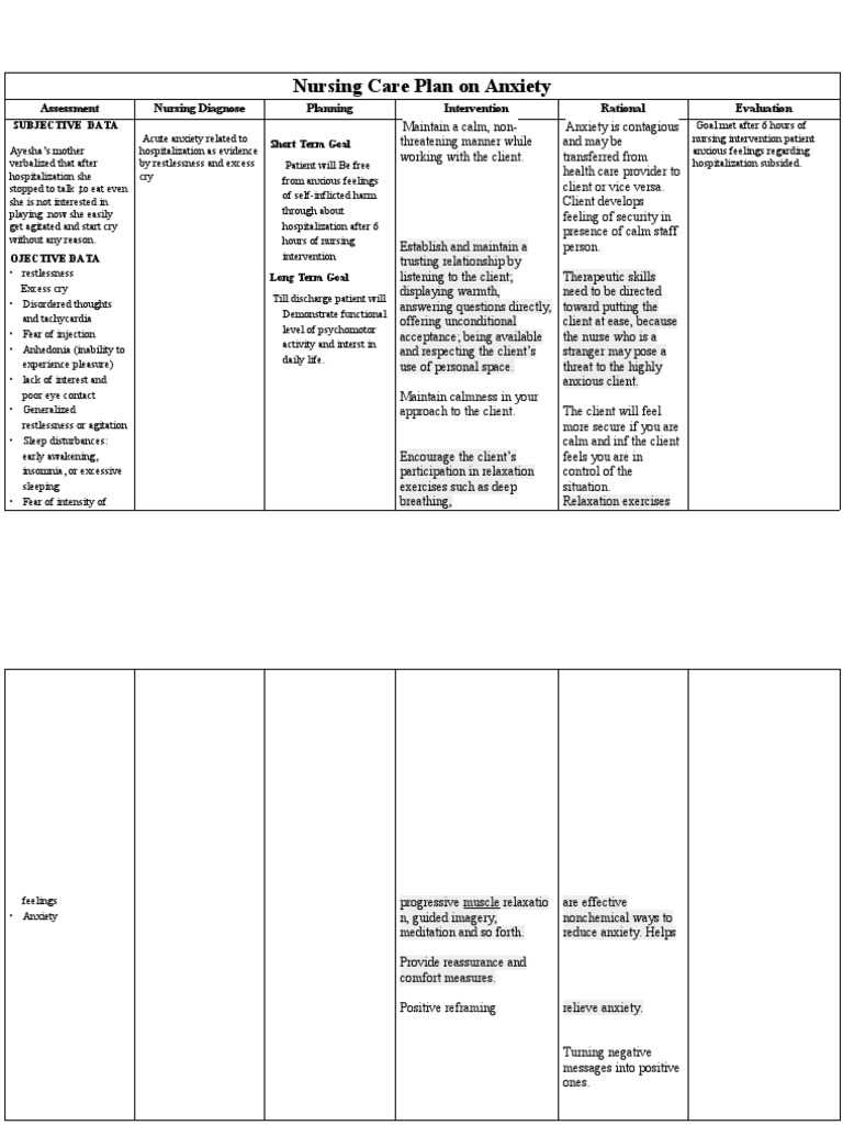 Nursing Care Plan On Anxiety: Assessment Nursing Diagnose Planning ...