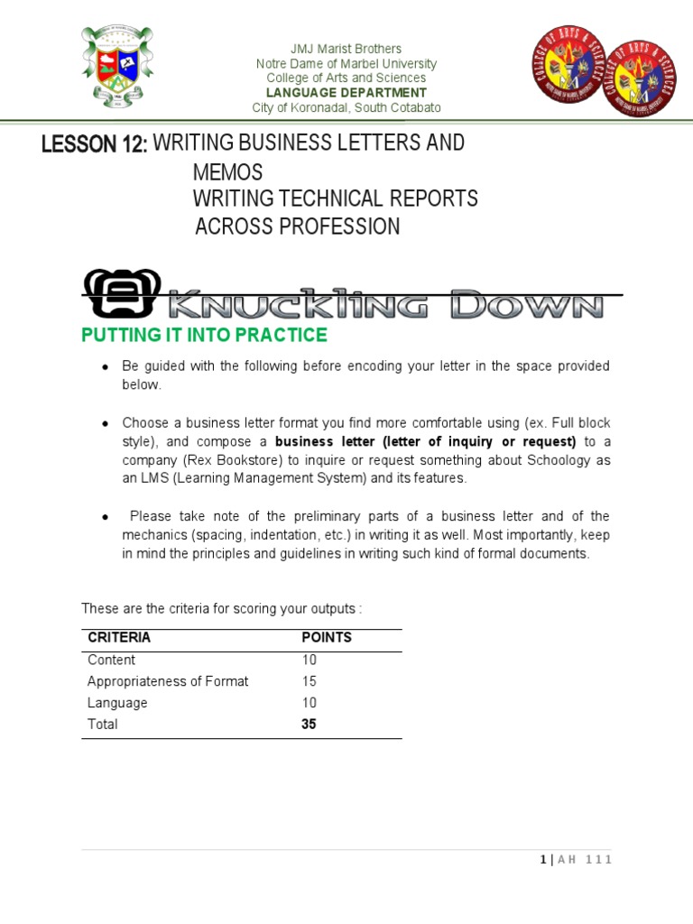 Lesson 12: Memos Writing Business Letters and Writing Technical Reports ...