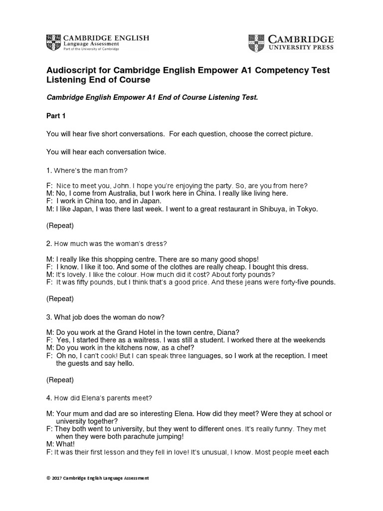 Audioscript For Cambridge English Empower A1 Competency Test Listening ...