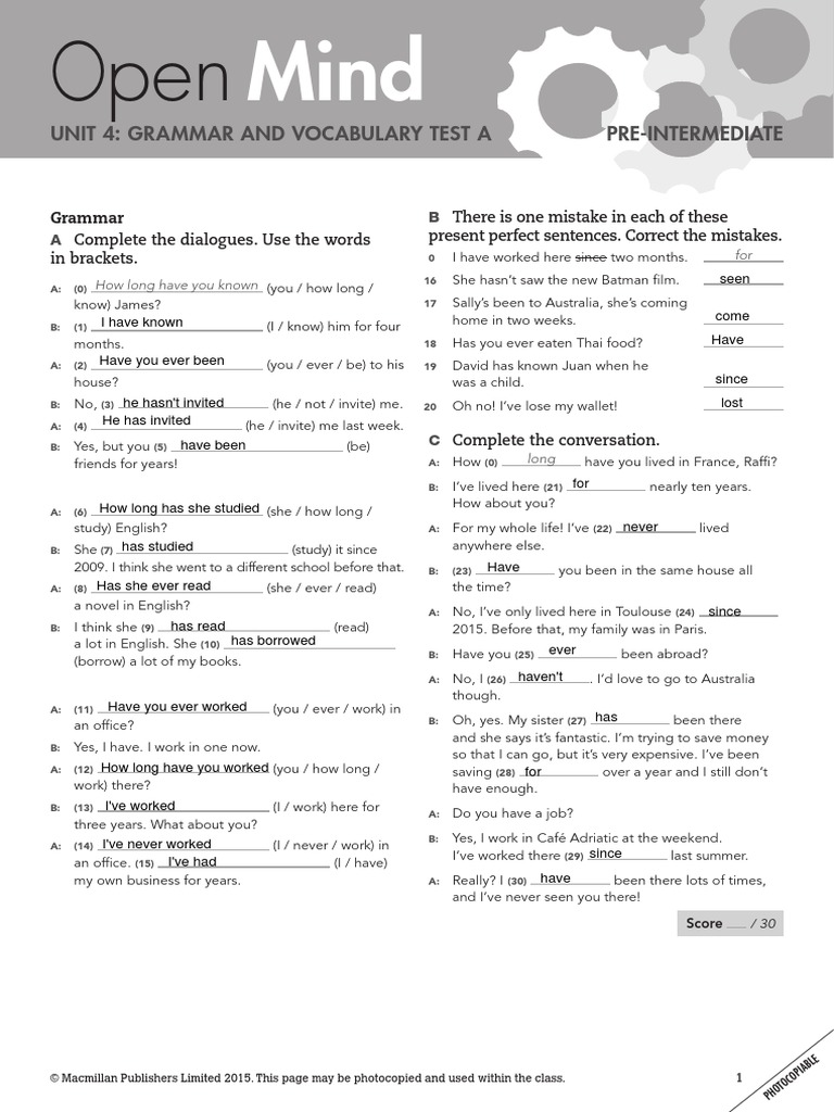 Open Mind Pre-Intermediate Unit 4 Grammar and Vocabulary Test A | PDF