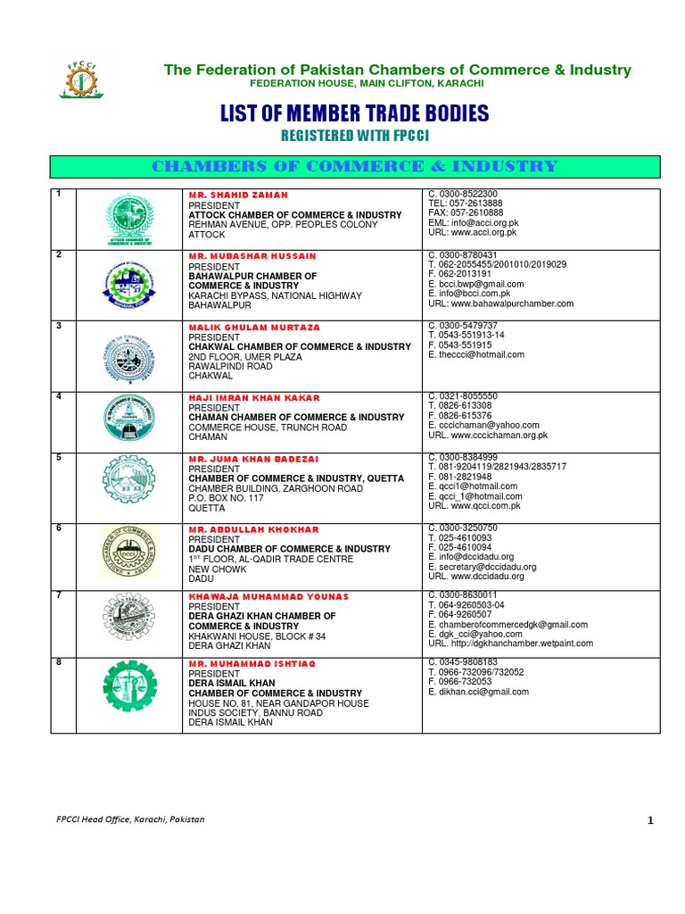 List of Member Trade Bodies: Chambers of Commerce & Industry | PDF ...