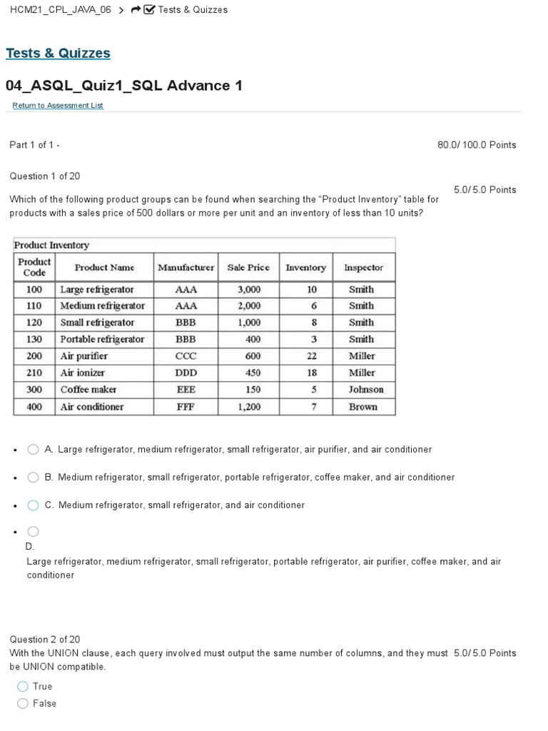 04 Asql Quiz1 Sql Advance 1 Tests And Quizzes Pdf Data Data Management 