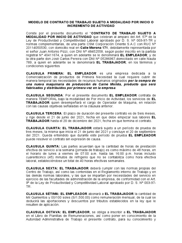 Modelo de Contrato de Trabajo Sujeto A Modalidad Por Inicio o Incremento de Actividad | PDF ...