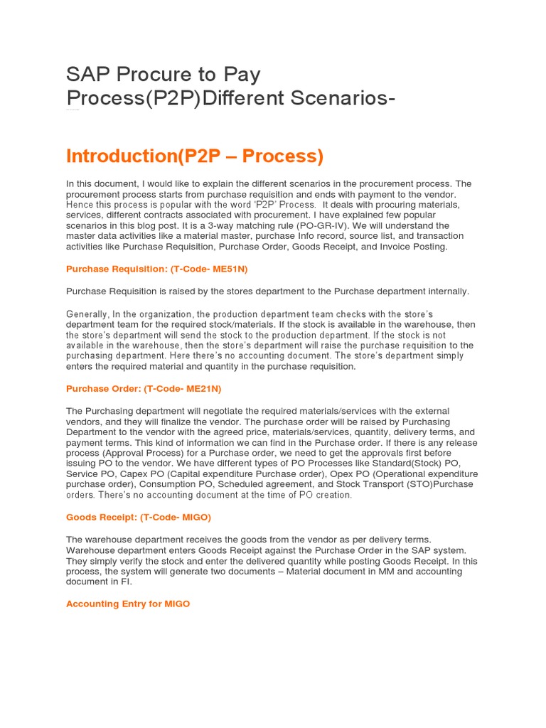 SAP P2P Process Scenarios Explained | PDF | Receipt | Invoice