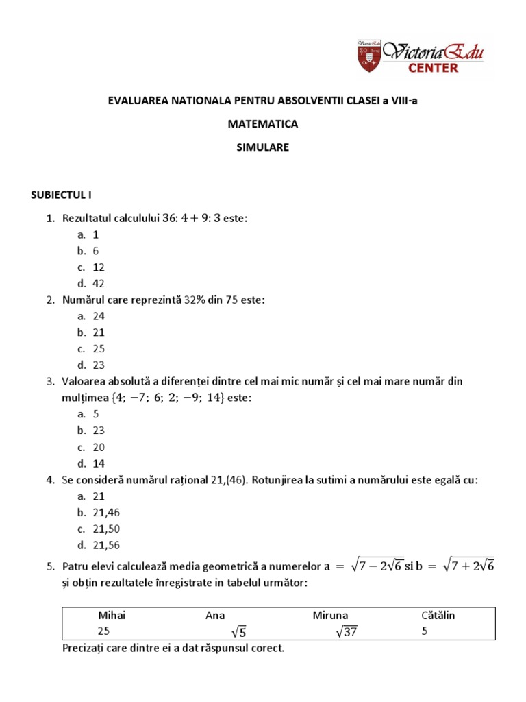 Simulare Matematica en - VictoriaEdu - 06.06.2021 | PDF