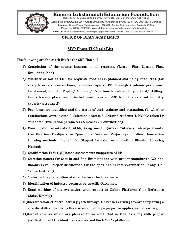 Office of Dean Academics: SRP Phase II Check List | PDF | Massive Open ...