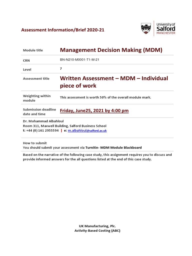 Management Decision Making Assessment 1 Brief Form 2020-21-Term 3 ...