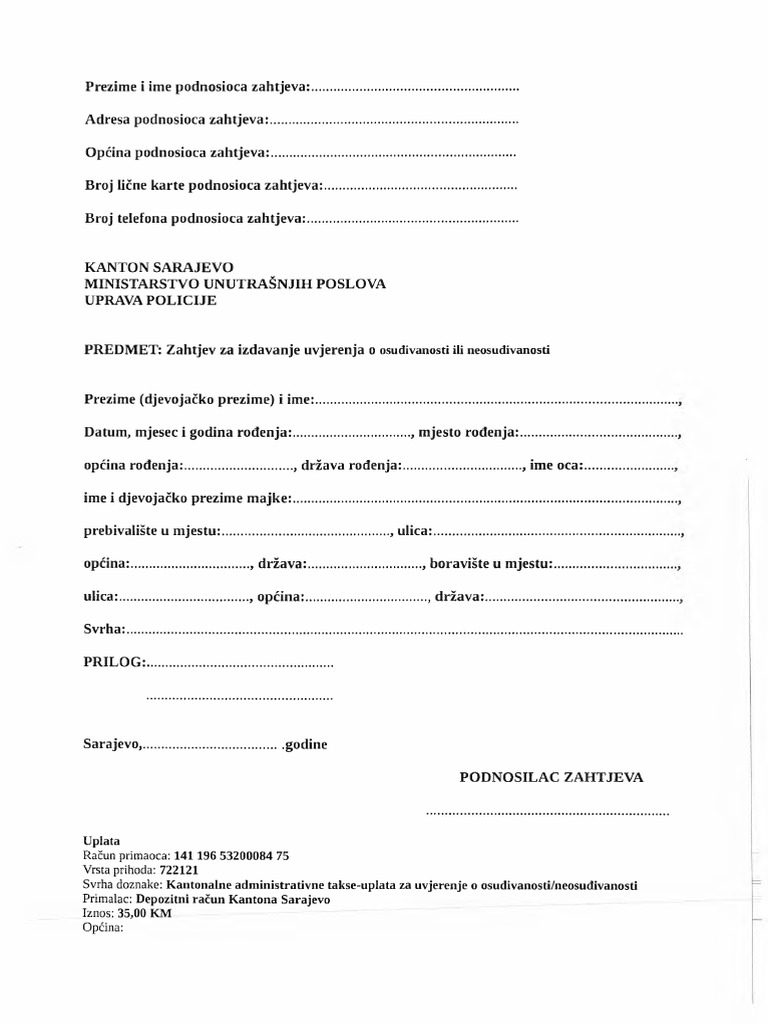 Zahtjev Za Izdavanje Uvjerenja o Osudivanosti Ili Neosudivanosti | PDF