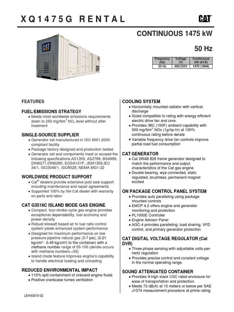 XQ1475G-50 HZ Spec Sheet | PDF | Electric Generator | Engines