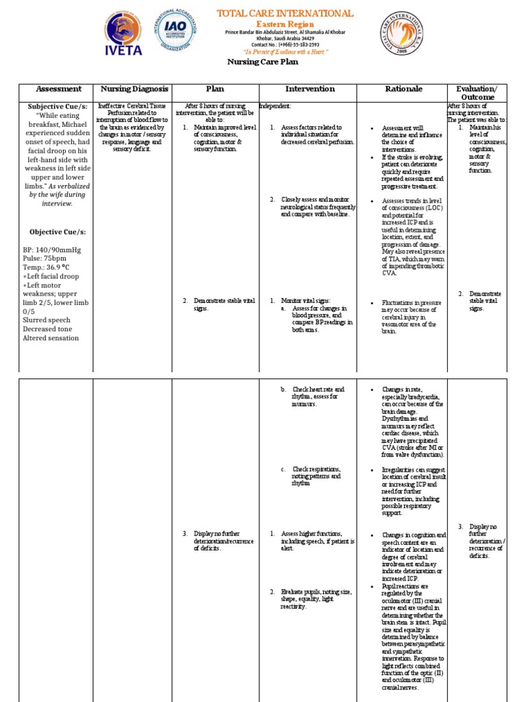Nursing Care Plan: by The Wife During Interview | PDF | Stroke ...