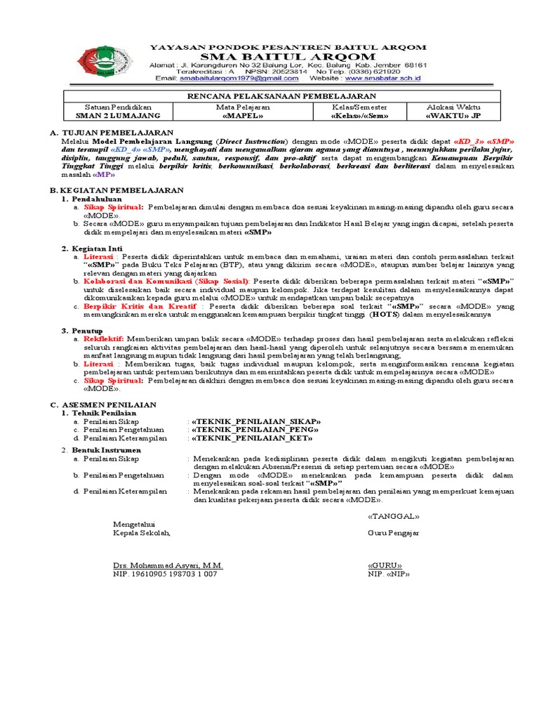 Template RPP 1 Lembar - Model Pembelajaran Langsung | PDF