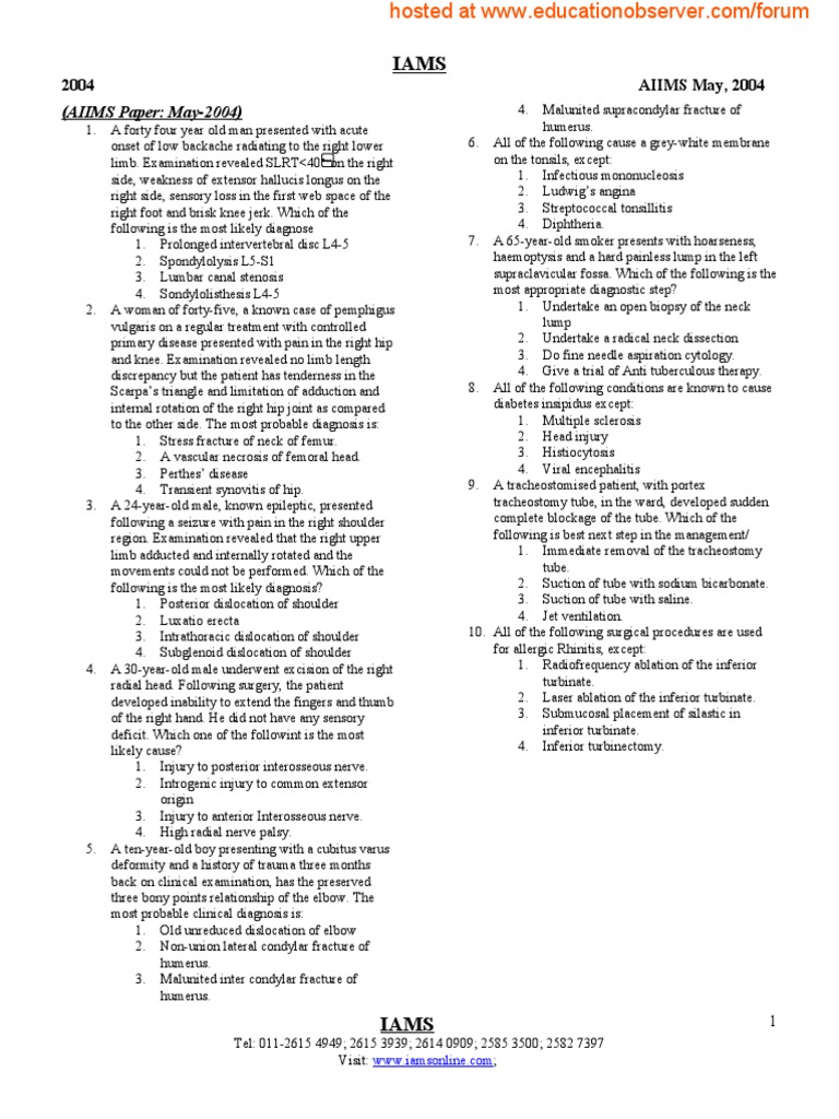 AIIMS PG Entrance May 2004 Solved Question Paper With Key | PDF ...