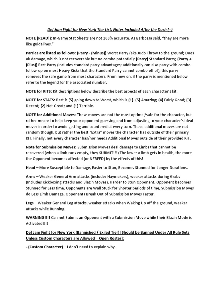 Def Jam Fight For New York Tier List: Notes Included After The Dash ...