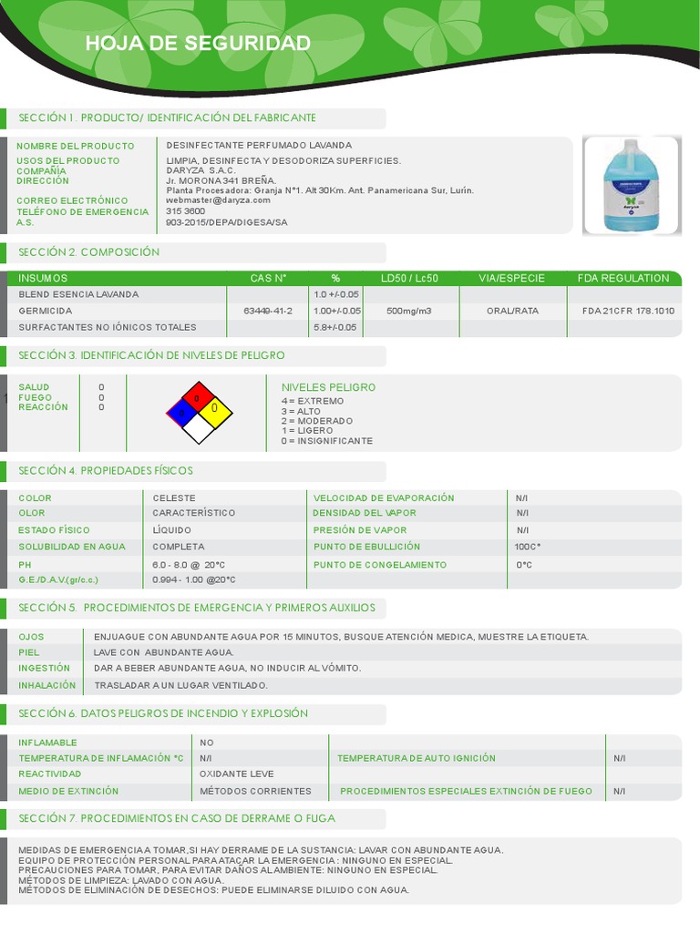 MSDS Daryza Desinfectante Limpiatodo Lavanda | PDF | Toxicidad | Agua