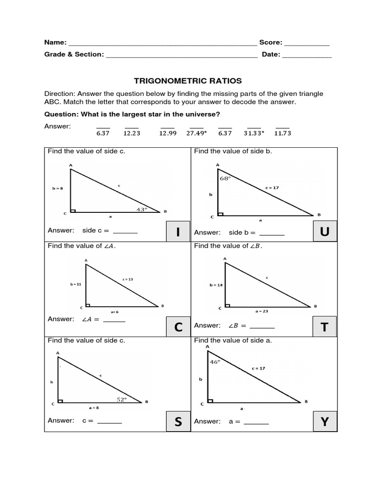 Worksheet TRIGONOMETRIC RATIOS | PDF