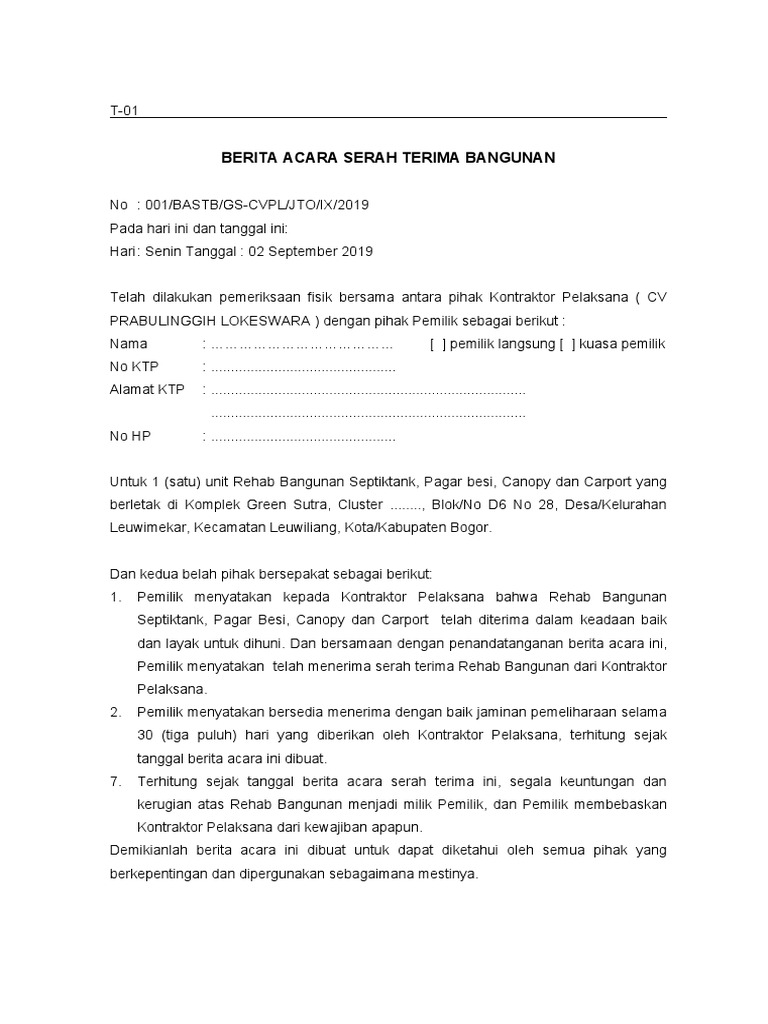 Berita Acara Serah Terima Bangunan | PDF