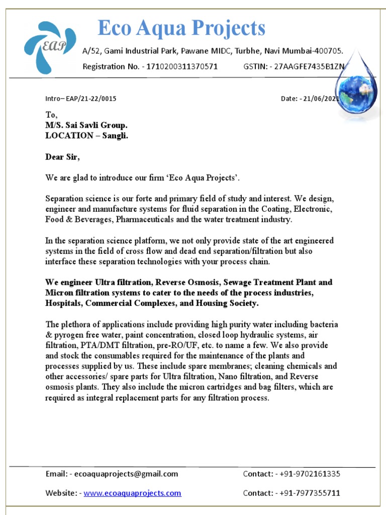 Eco Aqua Projects: Intro - EAP/21-22/0015 Date: - 21/06/2021 | PDF