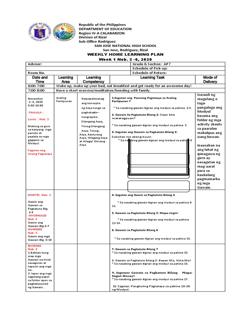 AP7 Weekly Learning Home Plan Week 1 | PDF