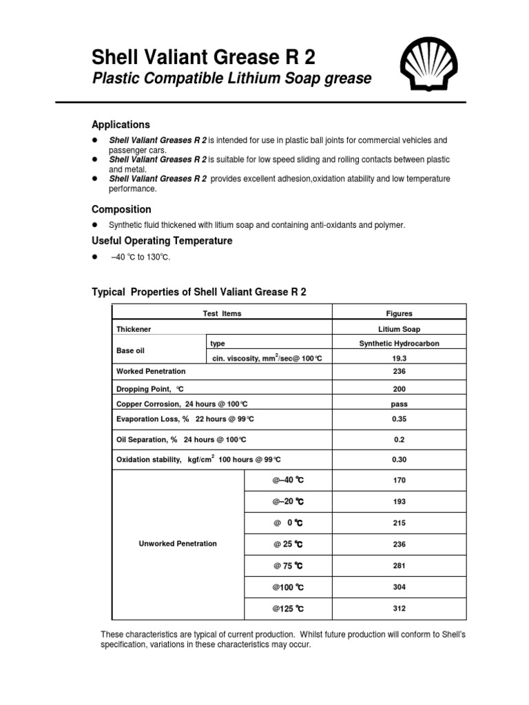 Shell Valiant Grease R 2: Plastic Compatible Lithium Soap Grease | PDF