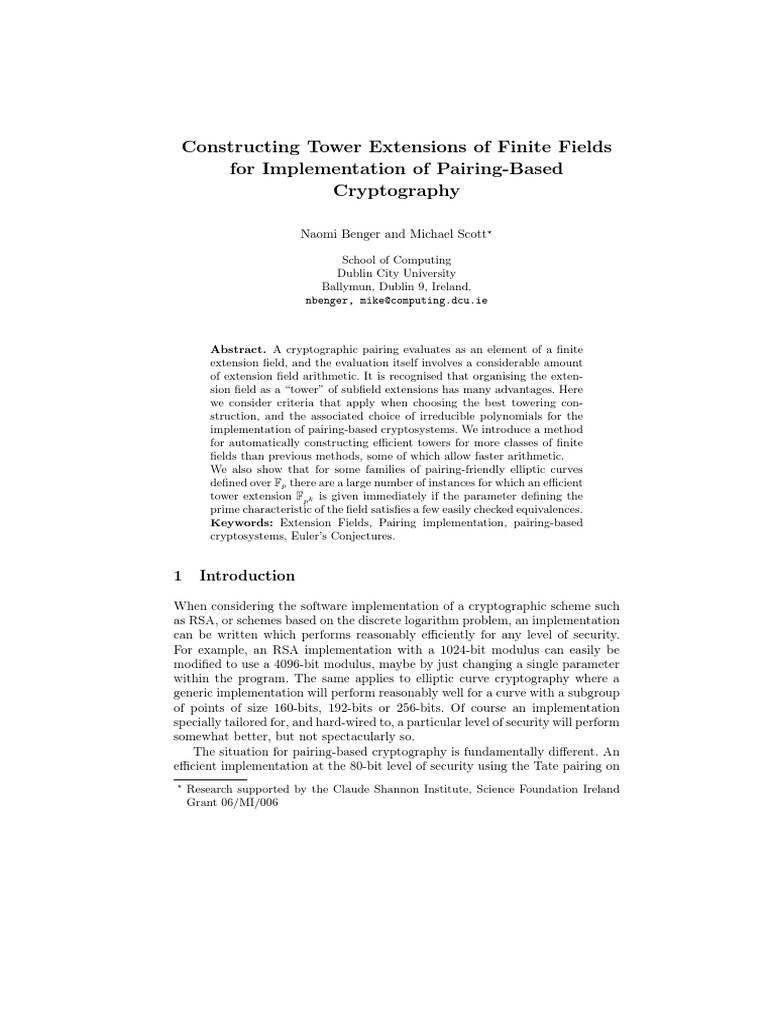 Constructing Tower Extensions of Finite Fields For Implementation of Pairing-Based Cryptography ...