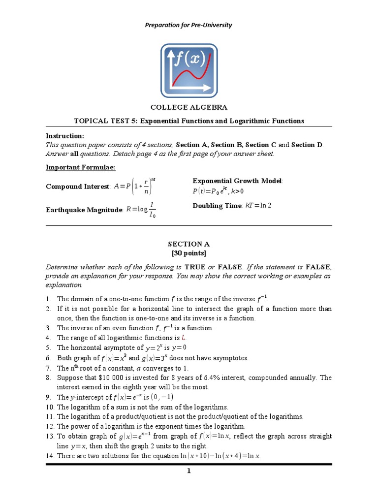College Algebra TOPICAL TEST 5: Exponential Functions and Logarithmic ...