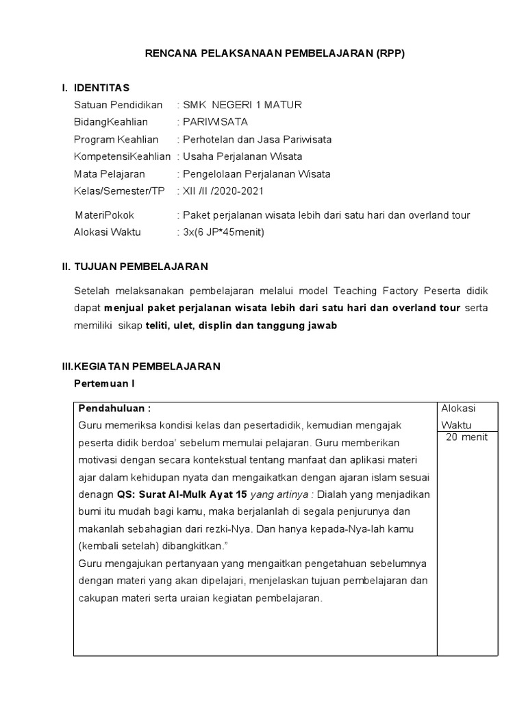 RPP TEFA Pengelolaan Perjalanan Wisata | PDF | Karier & Perkembangan | Seni