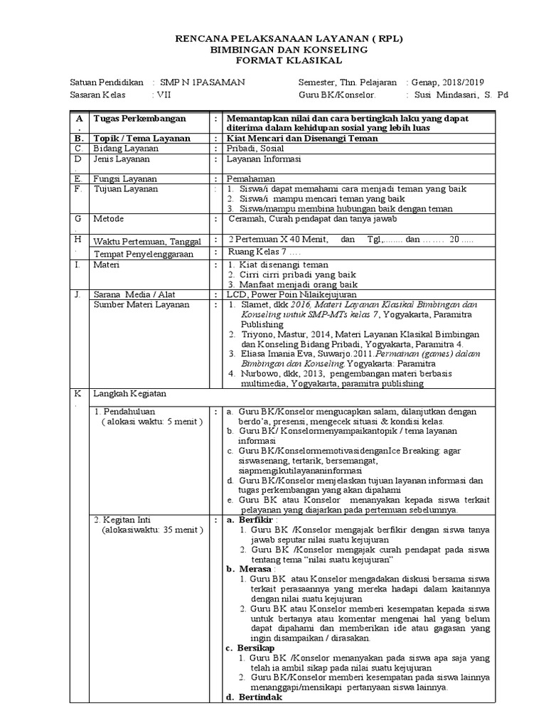 Rencana Layanan BK Kelas VII SMP N 1 | PDF | Karier & Perkembangan