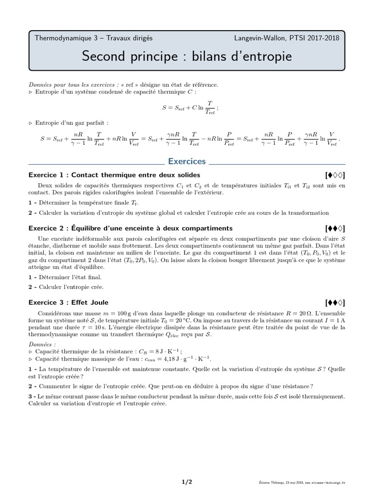TD t3 2nd-Ppe | PDF | Entropie | Deuxième principe de la thermodynamique