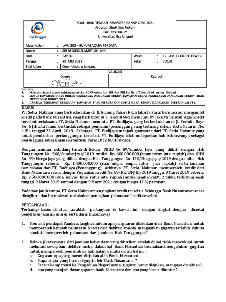 SOAL UJIAN TENGAH SEMESTER GENAP 2020-2021 - Acara Perdata | PDF | Hukum