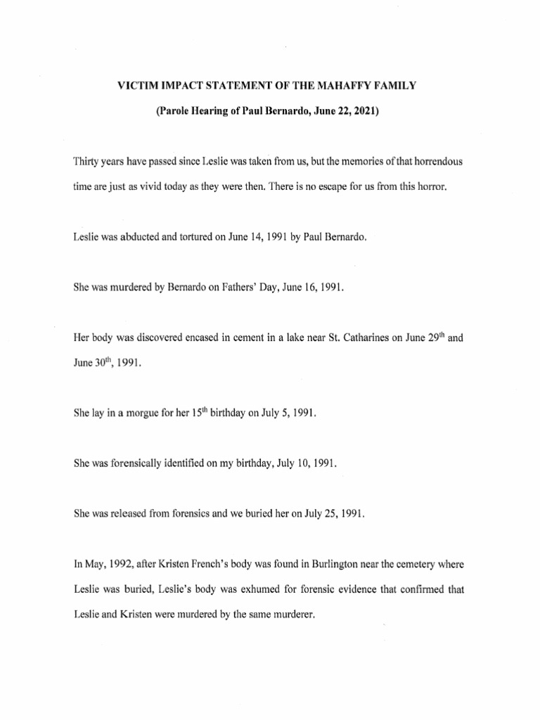 Victim Impact Statement From The Mahaffy Family | PDF