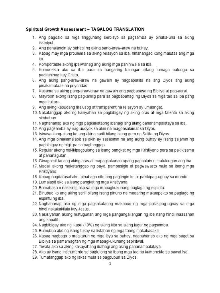 Spiritual Growth Assessment TAGALOG TRANSLATION | PDF