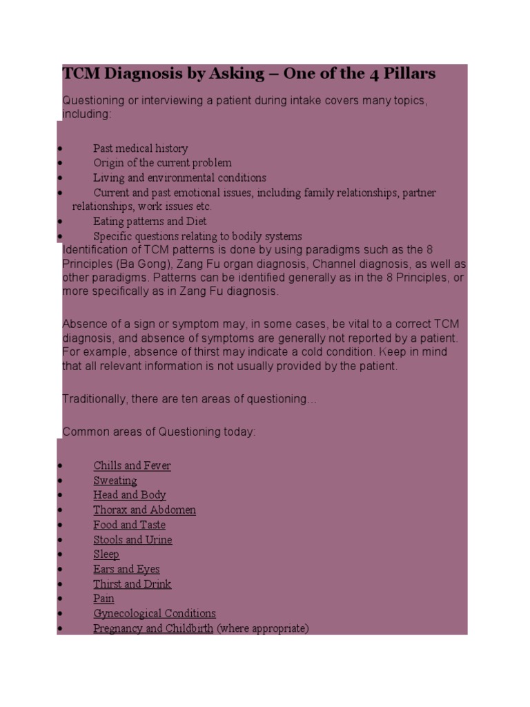 TCM Diagnosis by Asking | PDF | Menstruation | Traditional Chinese Medicine