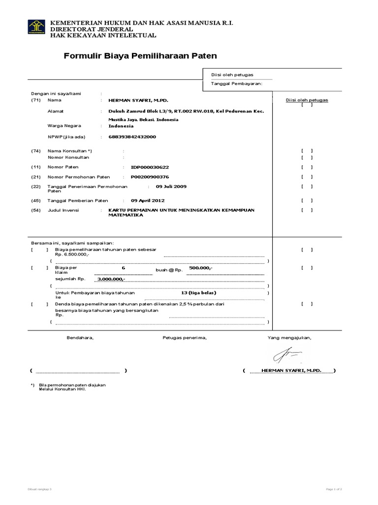 Formulir Isian Pemeliharaan Paten - IDP000030622 | PDF