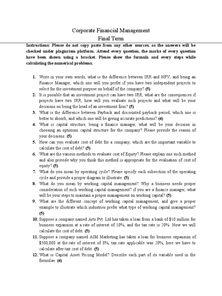 Question Paper CFM | PDF | Cost Of Capital | Internal Rate Of Return