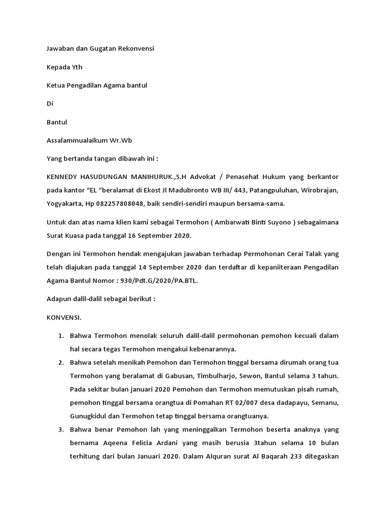 Jawaban Dan Gugatan Rekonvensi PA BANTUL | PDF