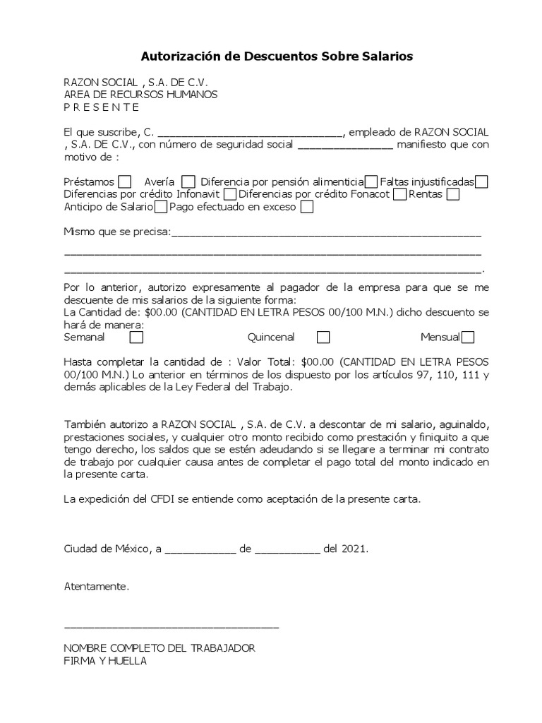 Modelo de Autorizacion de Descuentos en Salario para Empresas | PDF