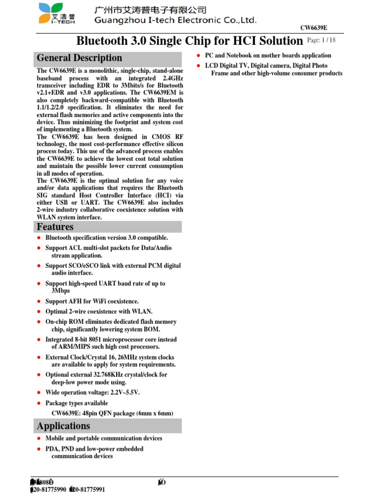 Bluetooth 3.0 Single Chip For HCI Solution: General Description | PDF ...