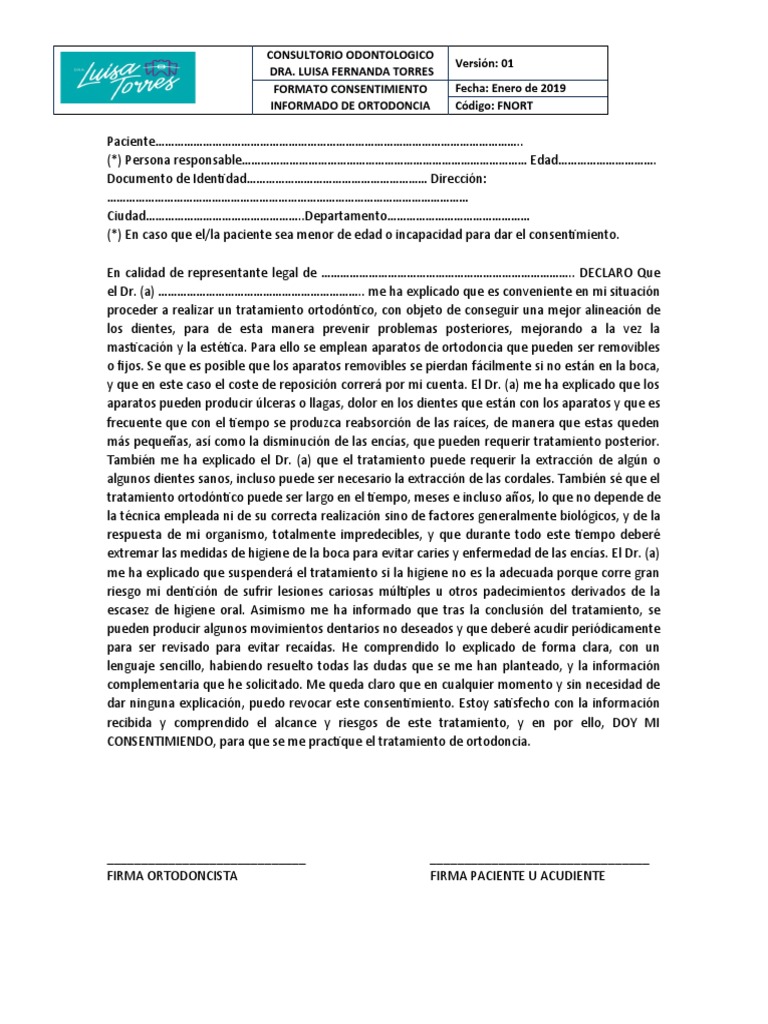 Consentimiento Informado Ortodoncia Pdf Consentimiento Informado