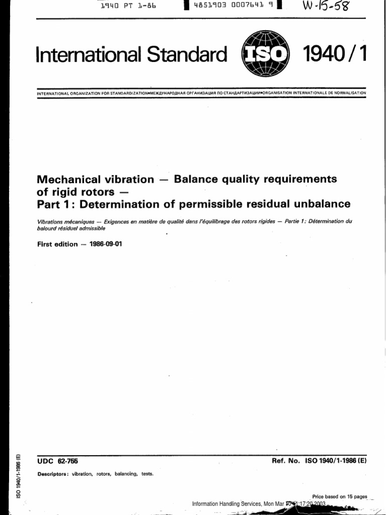 Iso1940-1 Norma Vibraciones Mecanicas, Rotores y Calidad de Balanceo | PDF