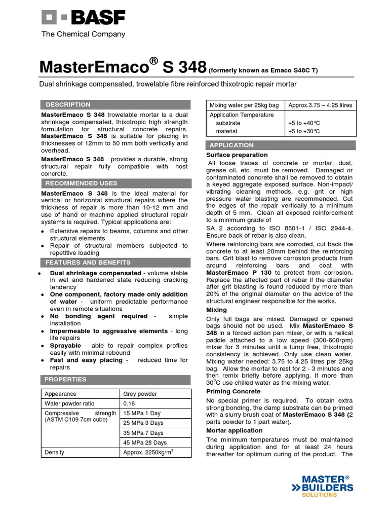Masteremaco S 348: Dual Shrinkage Compensated, Trowelable Fibre ...