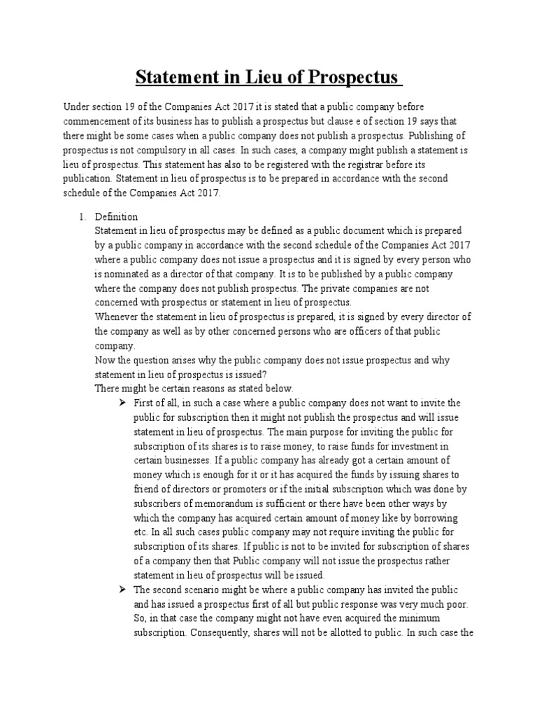 Statement in Lieu of Prospectus Explained | PDF | Prospectus (Finance ...