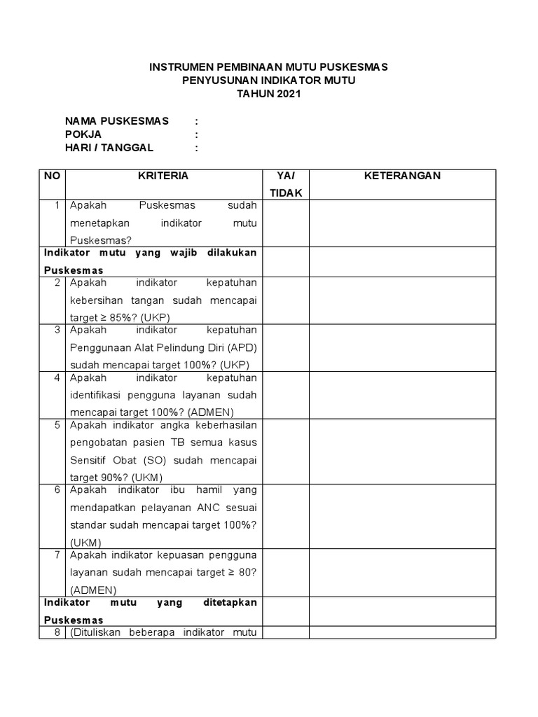 Fix Instrumen Pembinaan Mutu Penyusunan Indikator Mutu | PDF