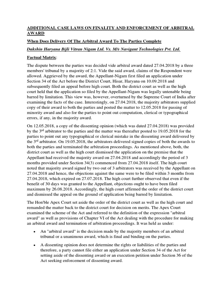 Additional Case Laws On Finality and Enforcement of Arbitral Award ...