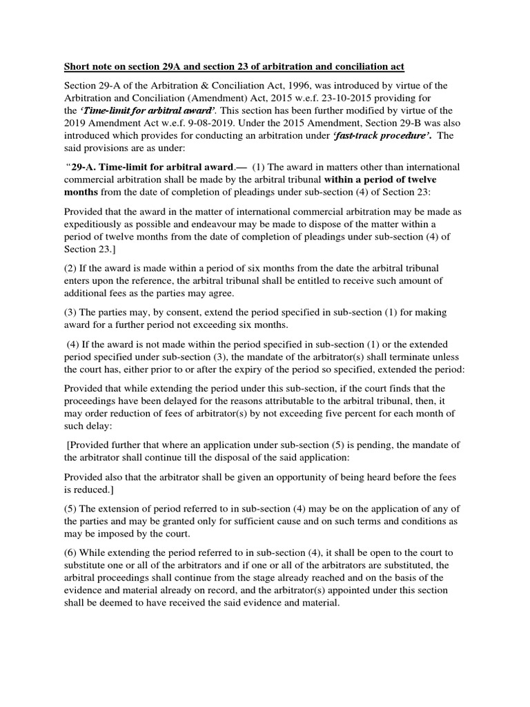 Short Note On Section 29A and Section 23 of Arbitration and ...